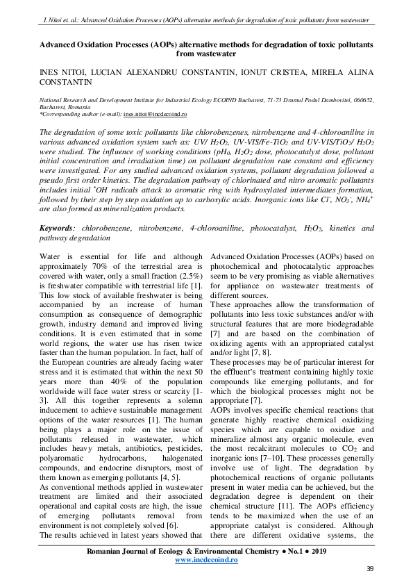 (PDF) Advanced Oxidation Processes (Aops) Alternative Methods for ...