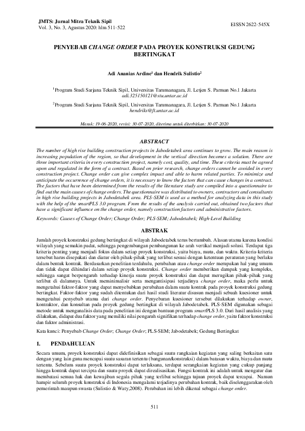 (PDF) Penyebab Change Order Pada Proyek Konstruksi Gedung Bertingkat