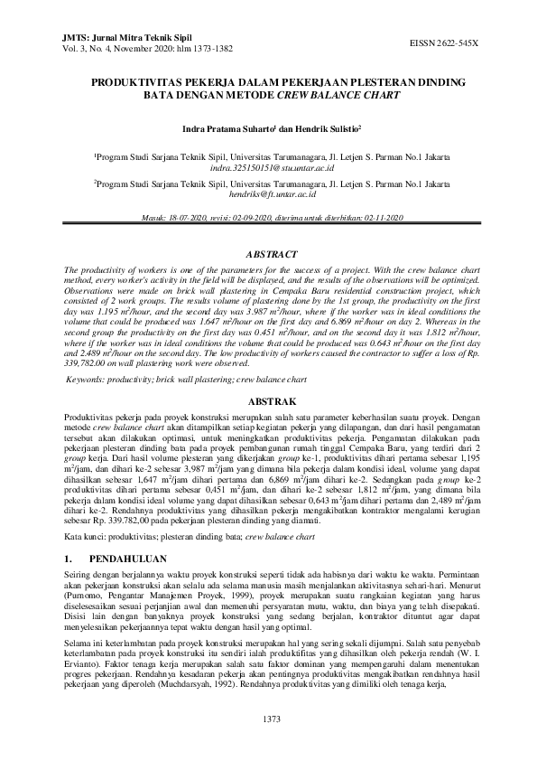 (PDF) Produktivitas Pekerja Dalam Pekerjaan Plesteran Dinding Bata ...