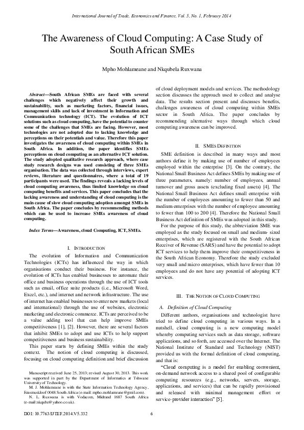 (PDF) The Awareness of Cloud Computing: A Case Study of South African SMEs