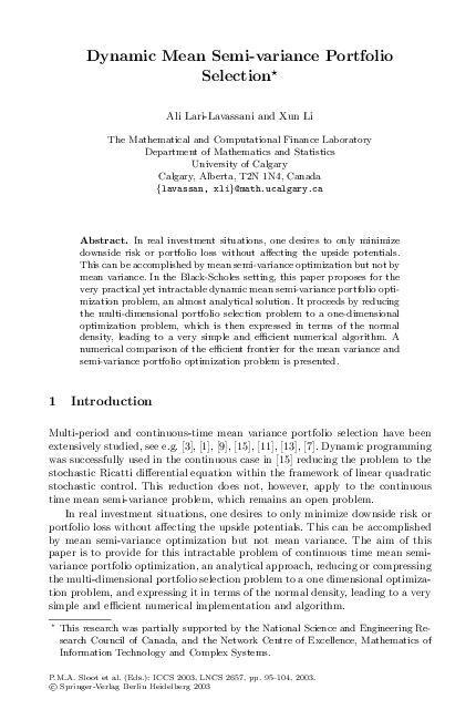 Pdf Dynamic Mean Semi Variance Portfolio Selection