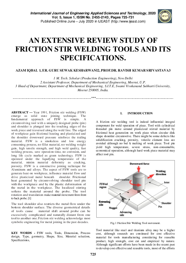 (PDF) An Extensive Review Study of Friction Stir Welding Tools and Its Specifications
