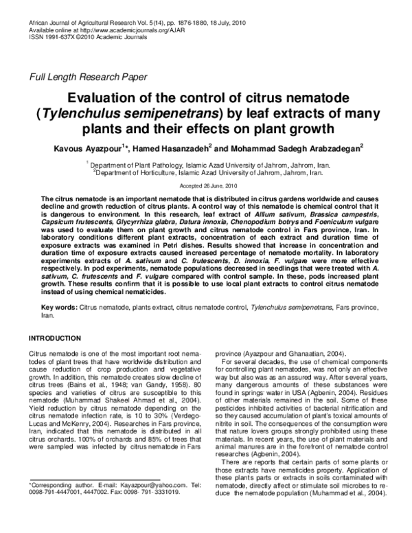 (PDF) Evaluation of the control of citrus nematode (Tylenchulus ...