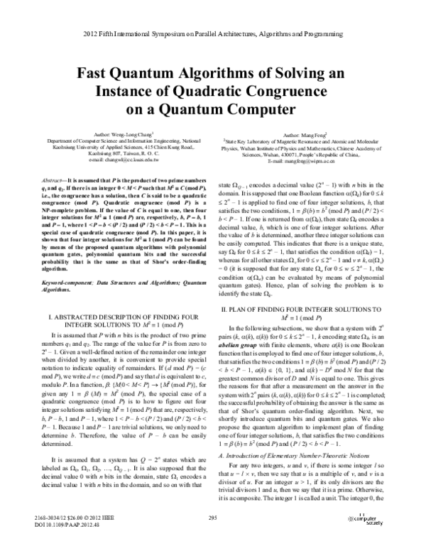 Pdf Fast Quantum Algorithms Of Solving An Instance Of Quadratic Congruence On A Quantum