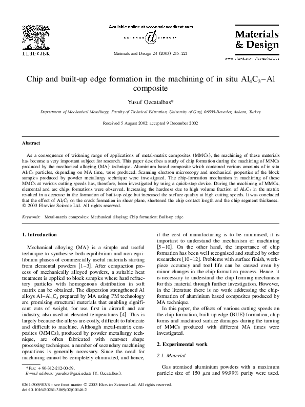 (PDF) Chip and built-up edge formation in the machining of in situ ...