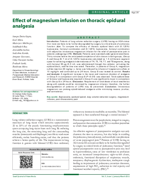 (PDF) Effect of magnesium infusion on thoracic epidural analgesia