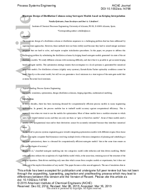 (PDF) Rigorous design of distillation columns using surrogate models based on kriging ...
