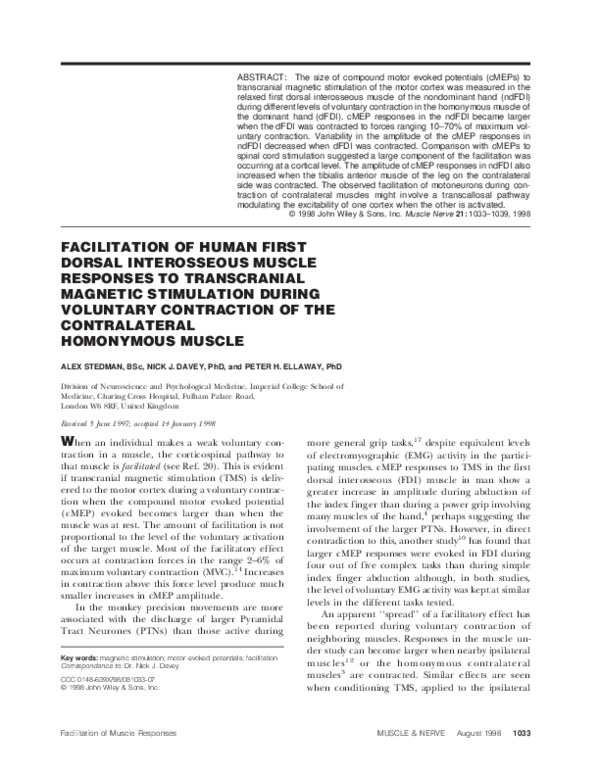 (PDF) Facilitation of human first dorsal interosseous muscle responses ...