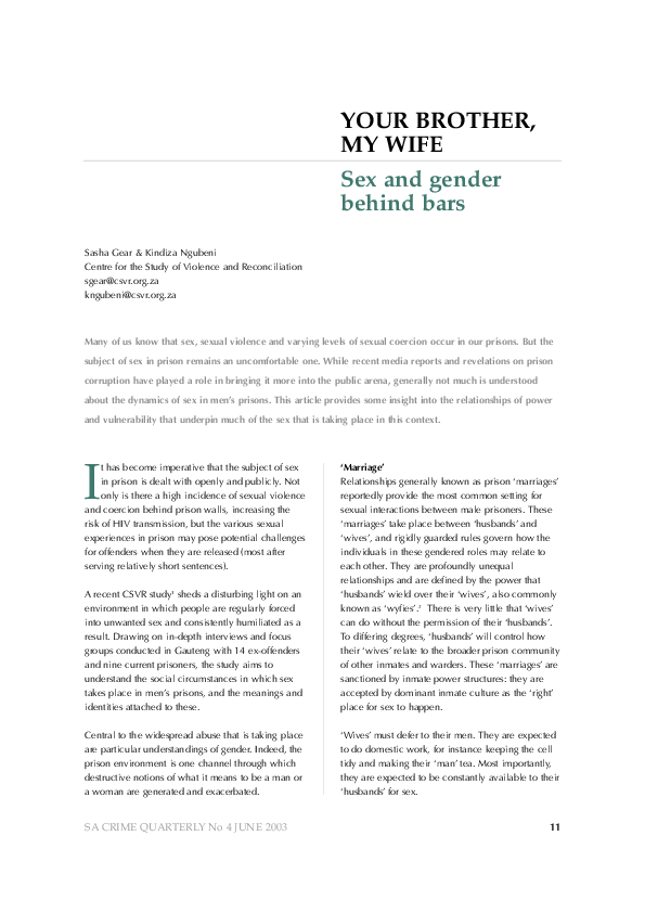 Pdf Your Brother My Wife Sex And Gender Behind Bars Kindiza Ngubeni