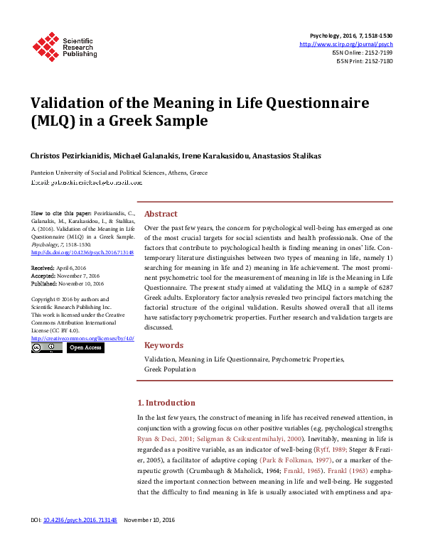 (PDF) Validation of the Meaning in Life Questionnaire (MLQ) in a Greek ...