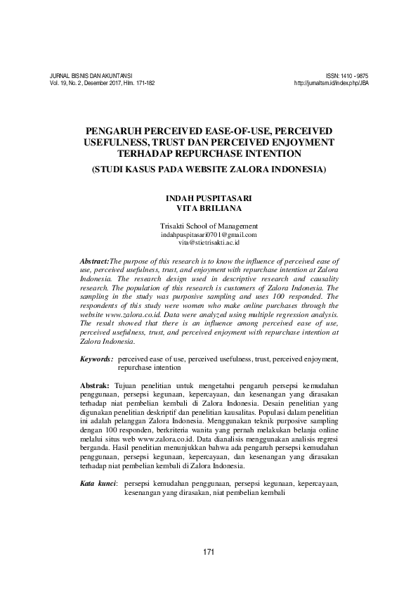 (PDF) Pengaruh Perceived Ease-Of-Use, Perceived Usefulness, Trust Dan Perceived Enjoyment ...