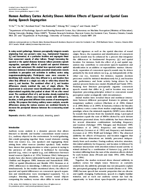 (PDF) Human Auditory Cortex Activity Shows Additive Effects of Spectral ...