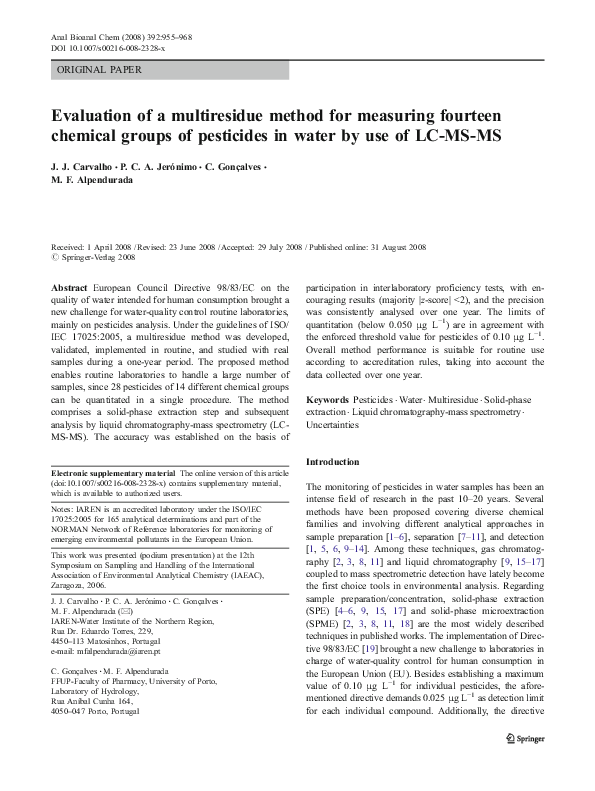 (PDF) Evaluation of a multiresidue method for measuring fourteen chemical groups of pesticides ...
