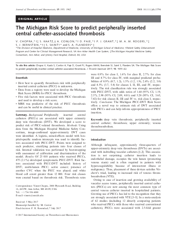 (PDF) The Michigan Risk Score to Predict Peripherally Inserted Central ...