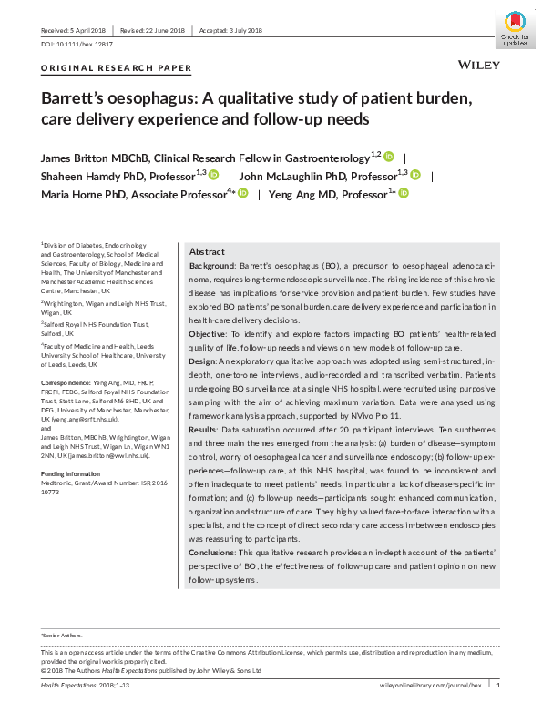 (PDF) Barrett's oesophagus: A qualitative study of patient burden, care ...