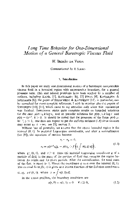 (PDF) Long time behavior for one-dimensional motion of a general barotropic viscous fluid