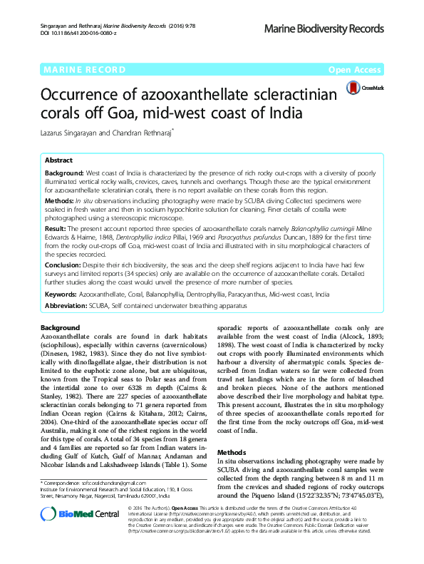 (PDF) Occurrence of azooxanthellate scleractinian corals off Goa, mid ... (PDF) Occurrence of azooxanthellate scleractinian corals off Goa, mid ...