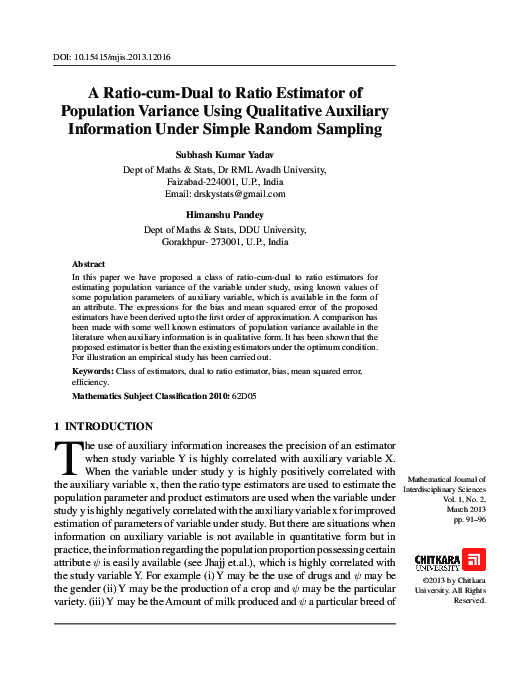 Pdf A Ratio Cum Dual To Ratio Estimator Of Population Variance Using Qualitative Auxiliary