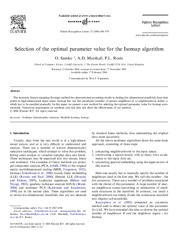 Pdf Selection Of The Optimal Parameter Value For The Isomap Algorithm Paul Rosin