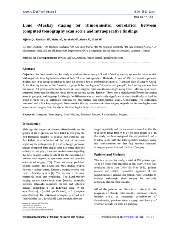 (PDF) Lund -Mackay staging for rhinosinusitis, correlation between ...
