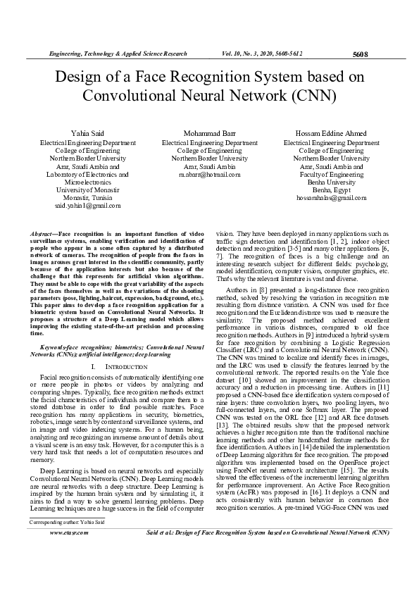 Pdf Design Of A Face Recognition System Based On Convolutional Neural