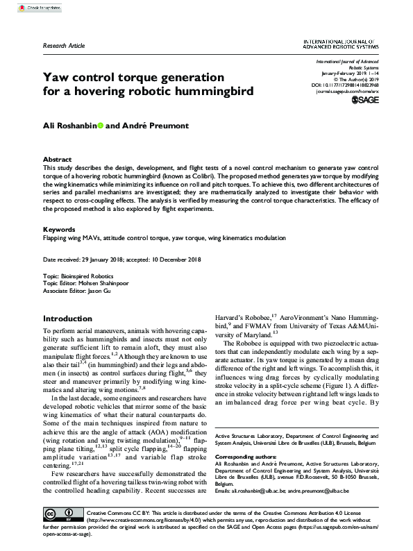 (PDF) Yaw control torque generation for a hovering robotic hummingbird