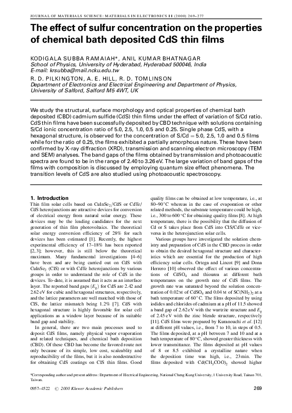 (PDF) The effect of sulfur concentration on the properties of chemical bath deposited CdS thin films