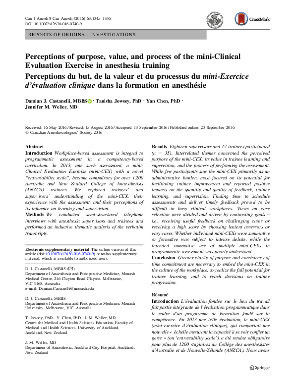 (PDF) Mini-CEX in Anesthesia Training: Perceptions and Value