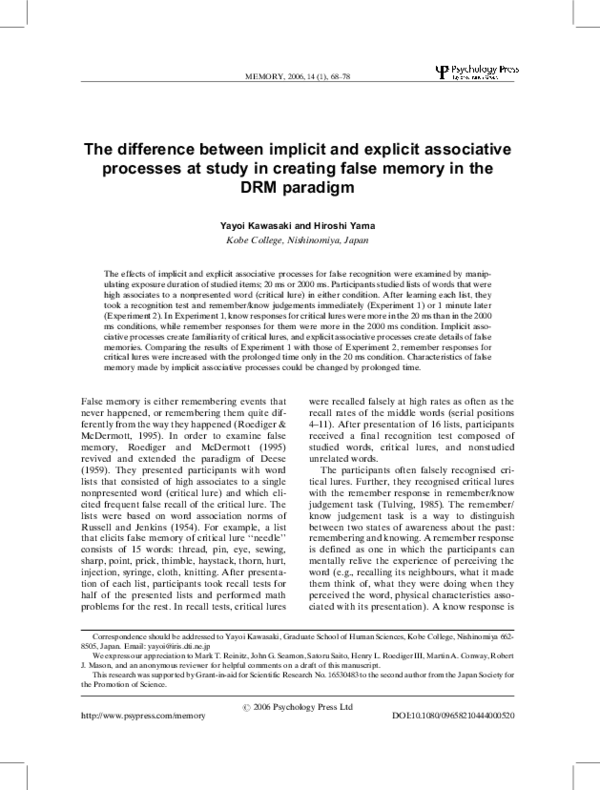 (PDF) The difference between implicit and explicit associative processes at study in creating ...