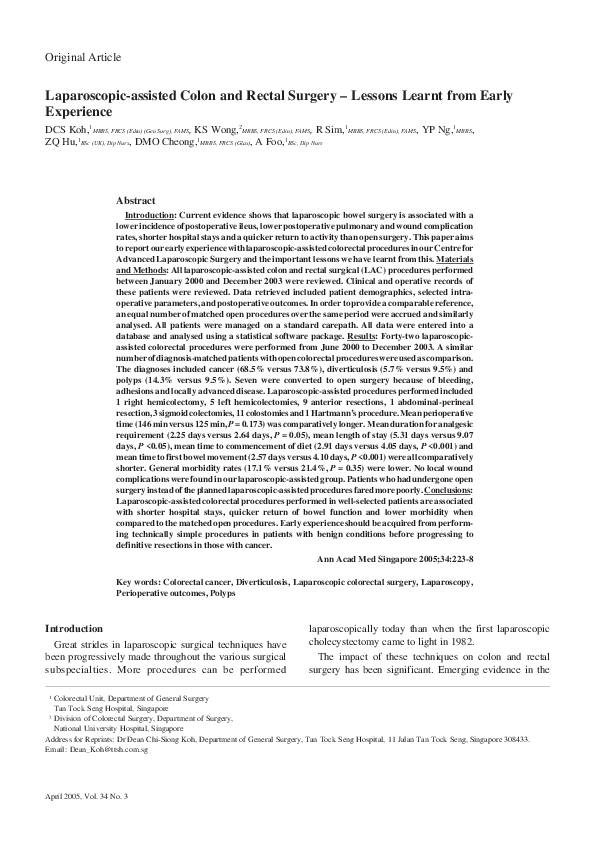 (PDF) Laparoscopic-assisted Colon and Rectal Surgery - Lessons Learnt from Early Experience