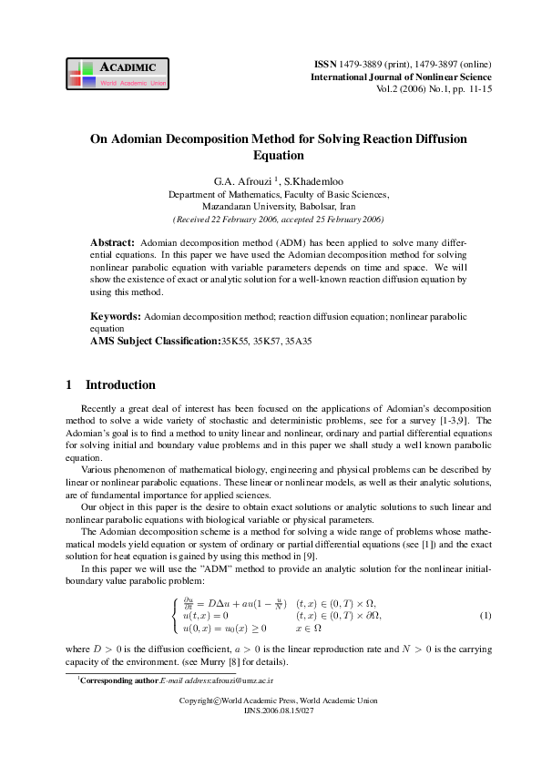 (PDF) On Adomian decomposition method for solving reaction diffusion equation