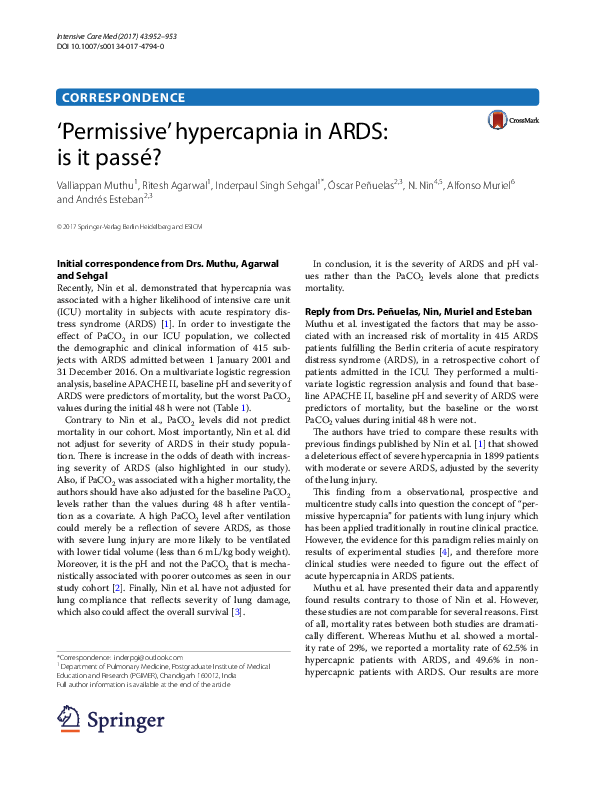 (PDF) ‘Permissive’ hypercapnia in ARDS: is it passé?