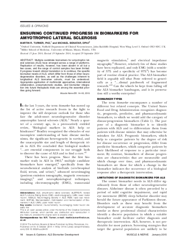 (PDF) Ensuring continued progress in biomarkers for amyotrophic lateral ...