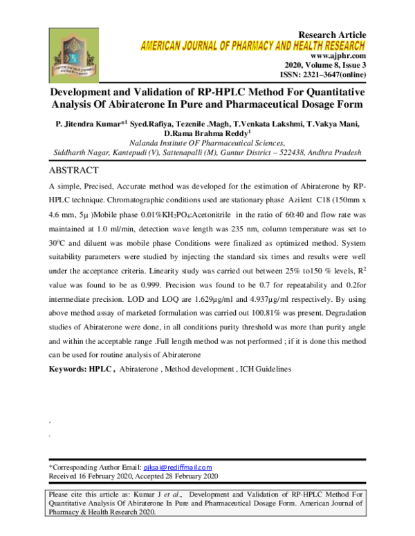 Pdf Development And Validation Of Rp Hplc Method For Quantitative