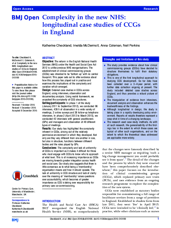 (PDF) Complexity in the new NHS: longitudinal case studies of CCGs in England