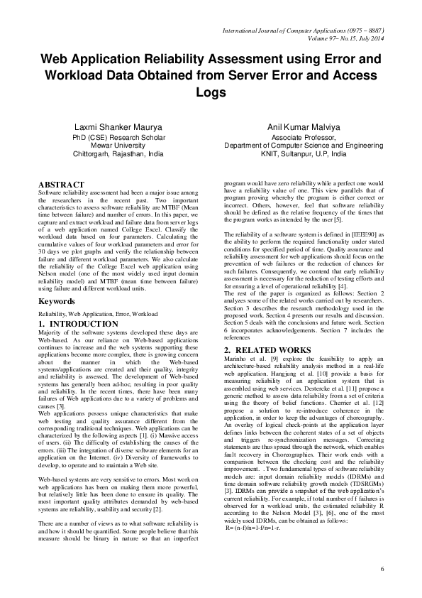 (PDF) Web Application Reliability Assessment using Error and Workload Data Obtained from Server ...