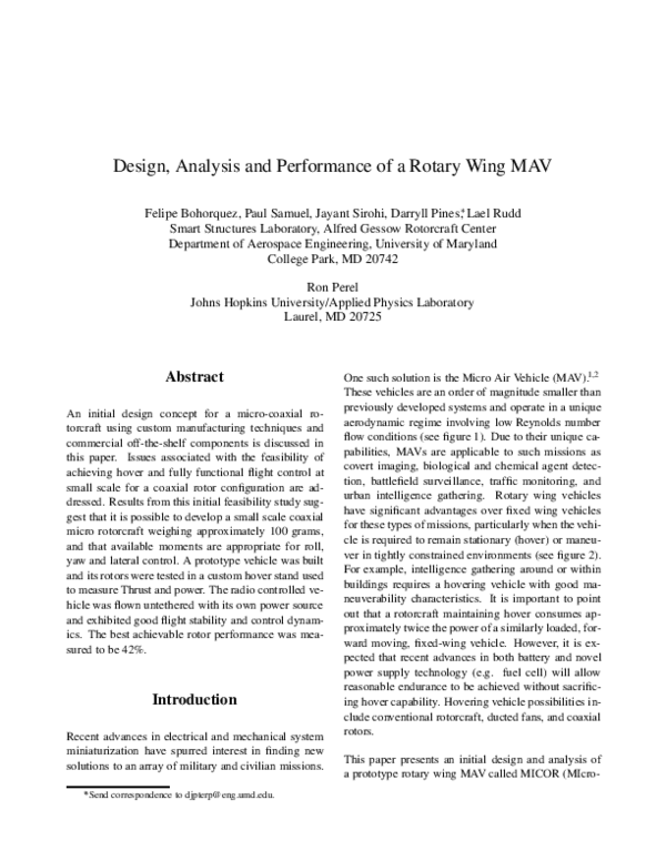 (PDF) Design, Analysis and Hover Performance of a Rotary Wing Micro Air Vehicle