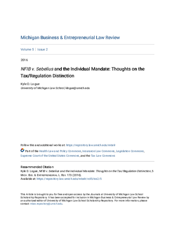 (PDF) NFIB v. Sebelius and the Individual Mandate: Thoughts on the Tax ...