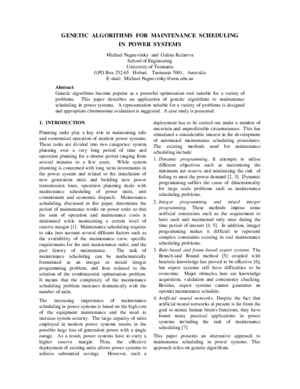 (PDF) Maintenance scheduling in power systems using genetic algorithms