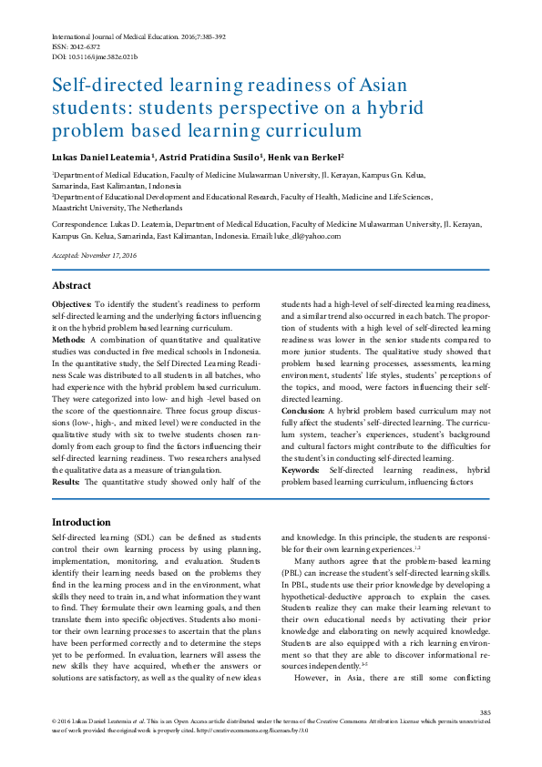 (PDF) Self-directed learning readiness of Asian students: students perspective on a hybrid ...