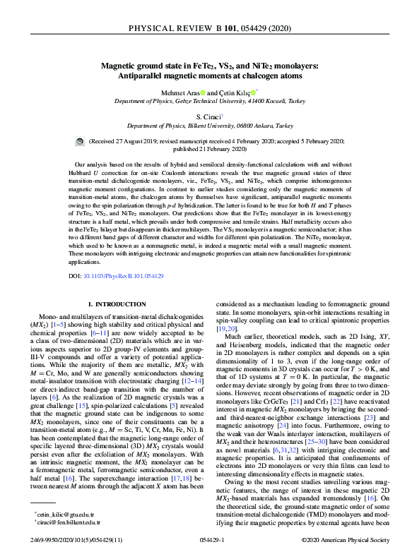 (PDF) Magnetic ground state in FeTe2,VS2 , and NiTe2 monolayers ...