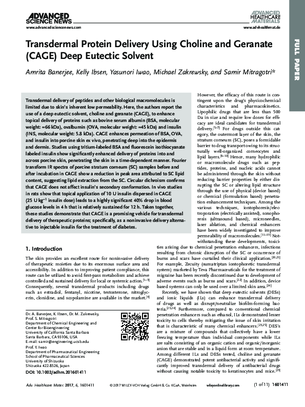 (PDF) Transdermal Protein Delivery Using Choline and Geranate (CAGE ...