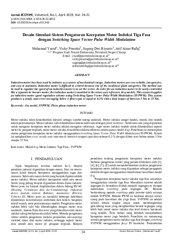 Pdf Desain Simulasi Sistem Pengaturan Kecepatan Motor Induksi Tiga Fasa Dengan Switching Space
