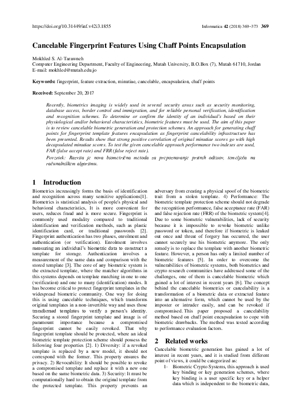 (PDF) Cancelable Fingerprint Features Using Chaff Points Encapsulation