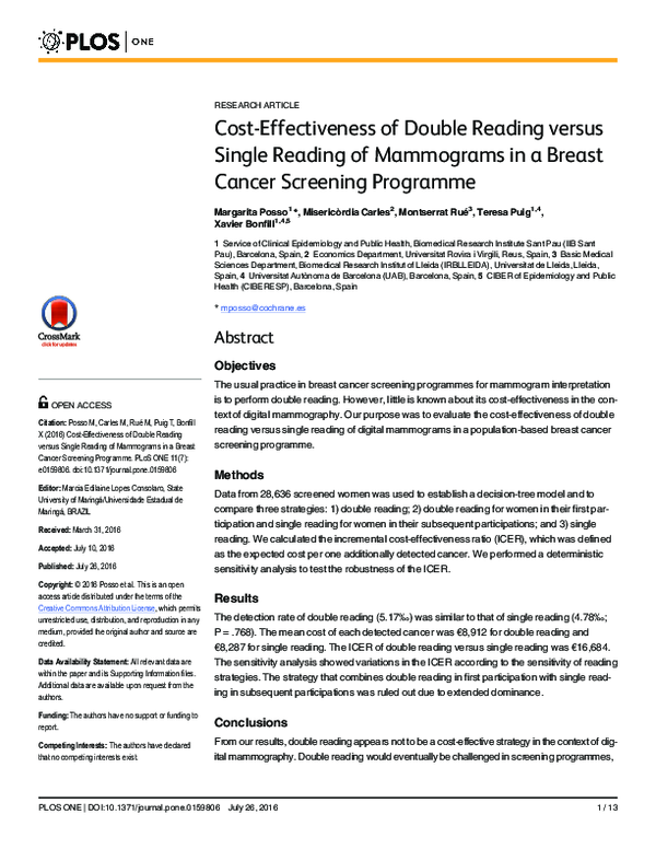 (PDF) Cost-Effectiveness of Double Reading versus Single Reading of ...