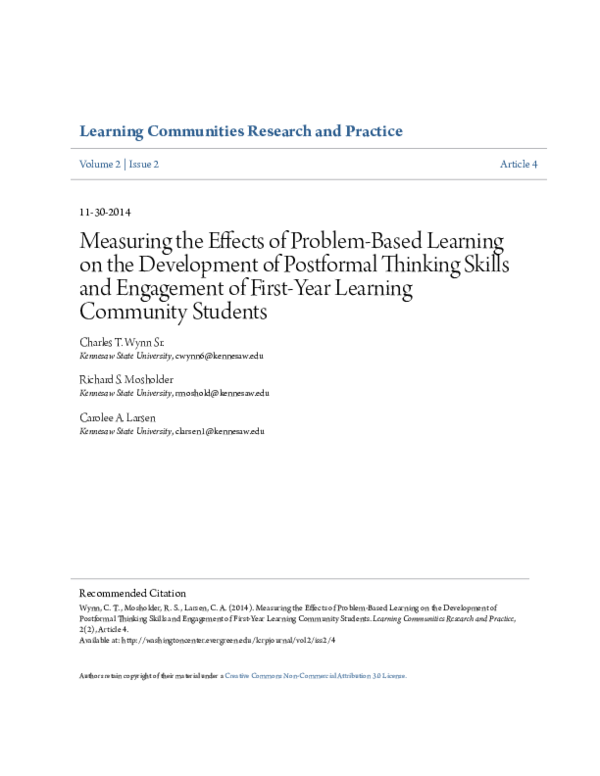 (PDF) Learning Communities Research and Practice Measuring the Effects of Problem-Based Learning ...