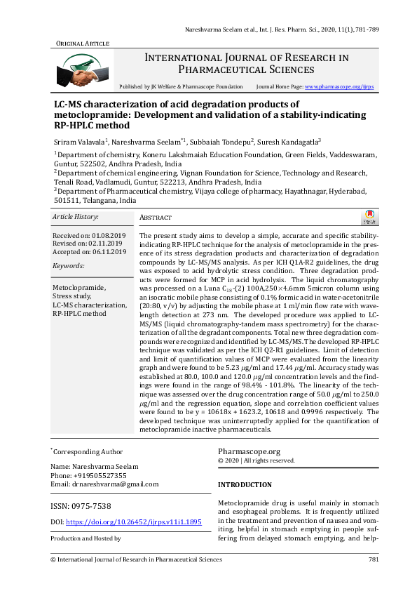 (PDF) LC-MS characterization of acid degradation products of metoclopramide: Development and ...