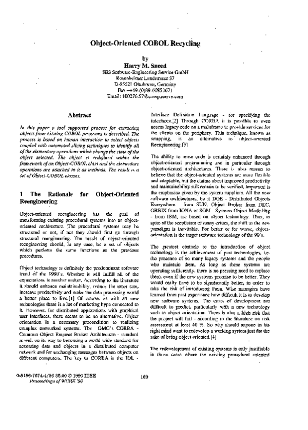 Pdf Object Oriented Cobol Recycling Harry Sneed
