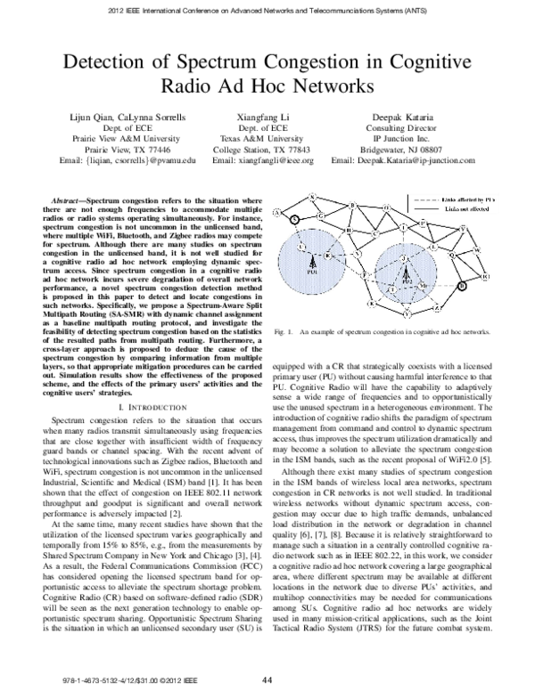 (PDF) Detection of spectrum congestion in cognitive radio ad hoc networks