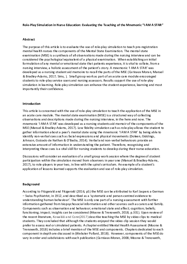 (PDF) Role play simulation in nurse education: applying the ‘I AM A ...
